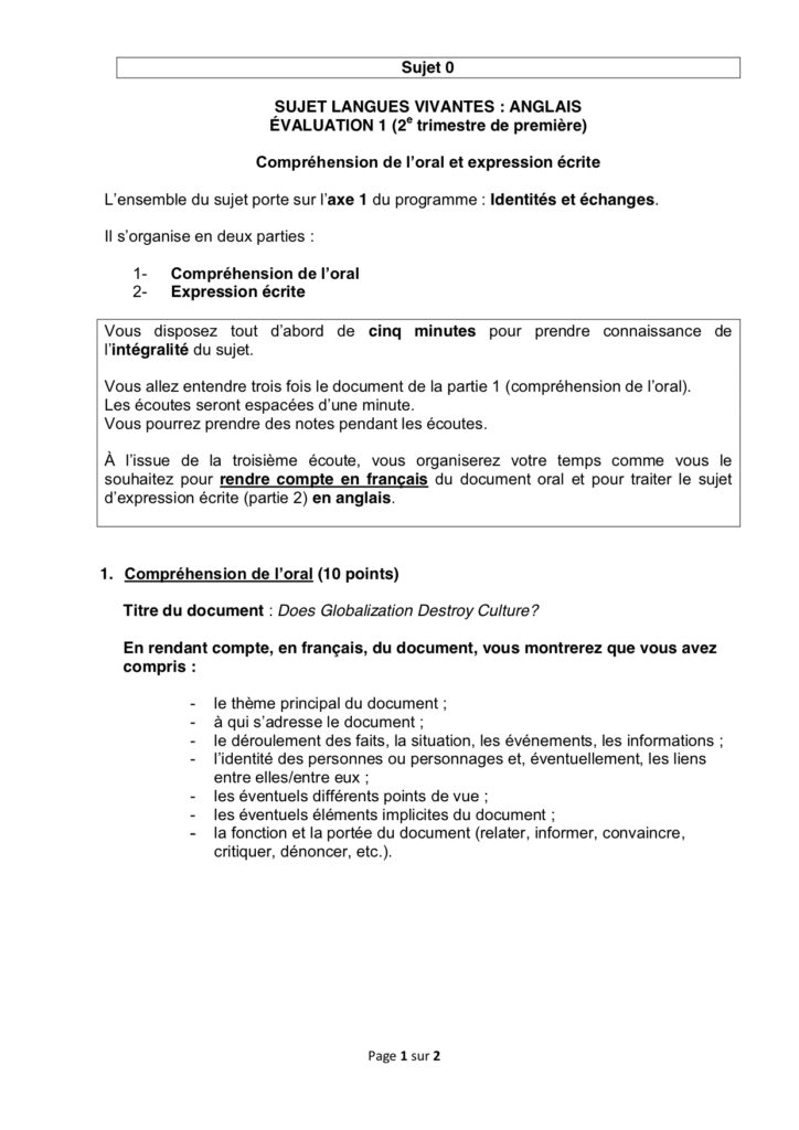 En 1ère : Épreuve 1 – Anglais Bac